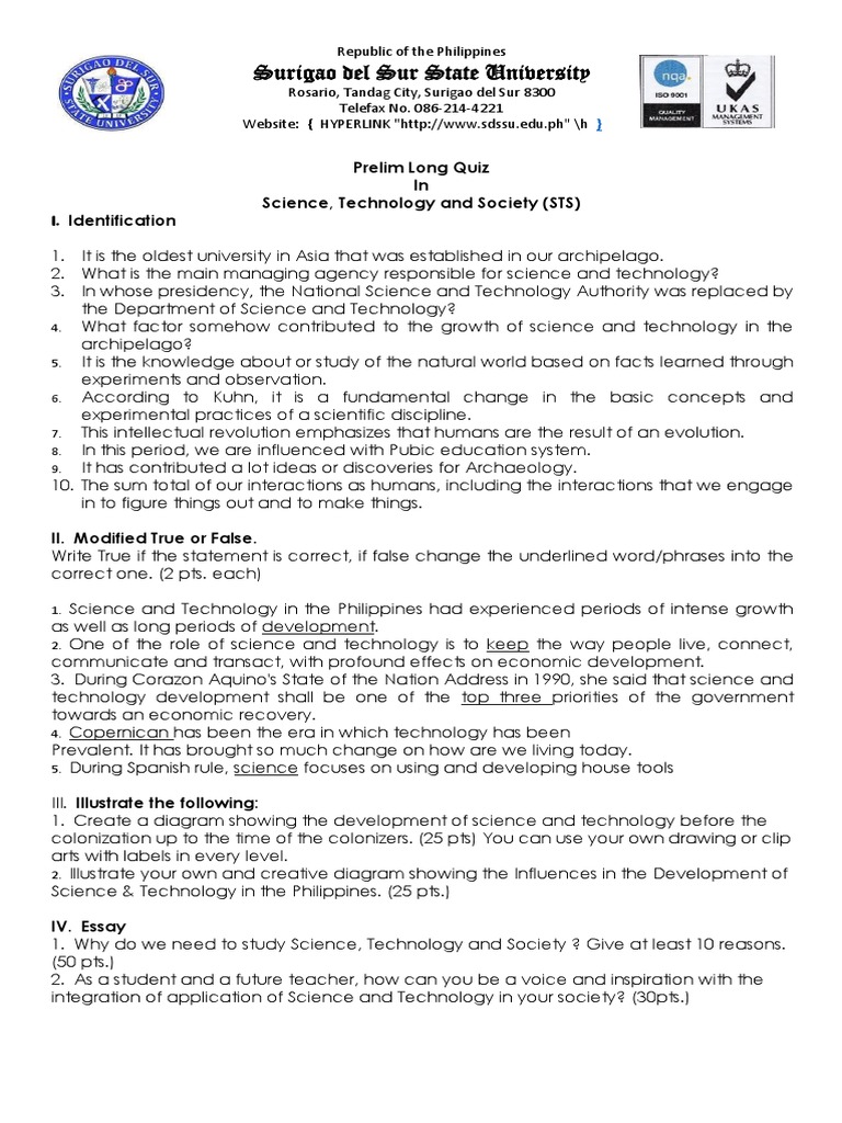 STS - Prelim Long Quiz | PDF | Science | Science And Technology