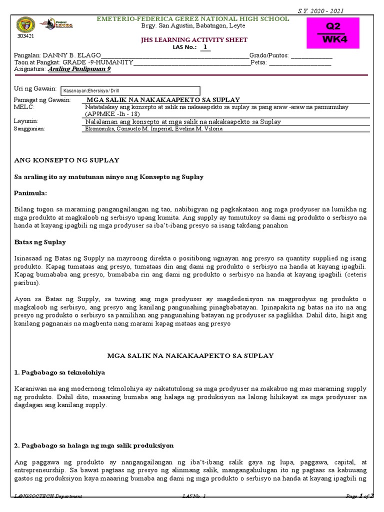 Ap9 - Las 1 - Q2 - WK 4 Salik Na Nakakaapekto Sa Suplay | PDF