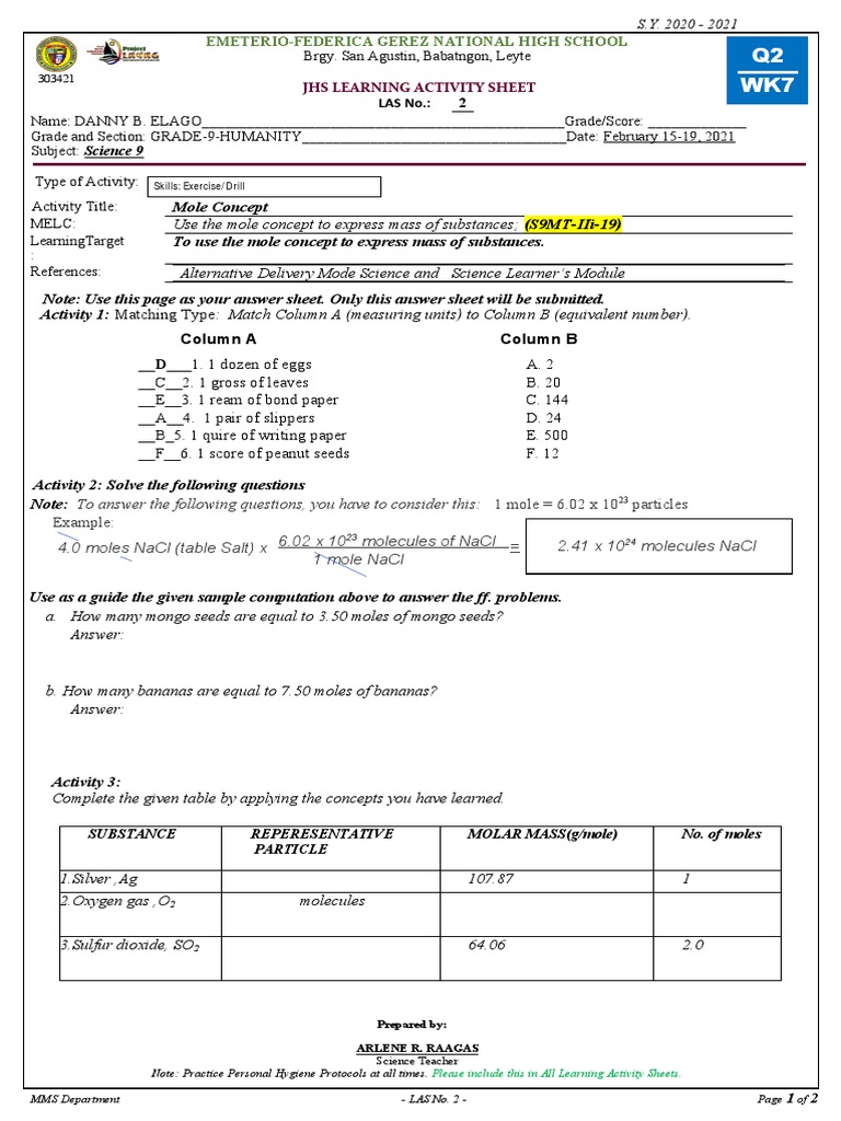 Sci9 - Las 2 - Q2 - WK7 | PDF | Mole (Unit) | Chemistry