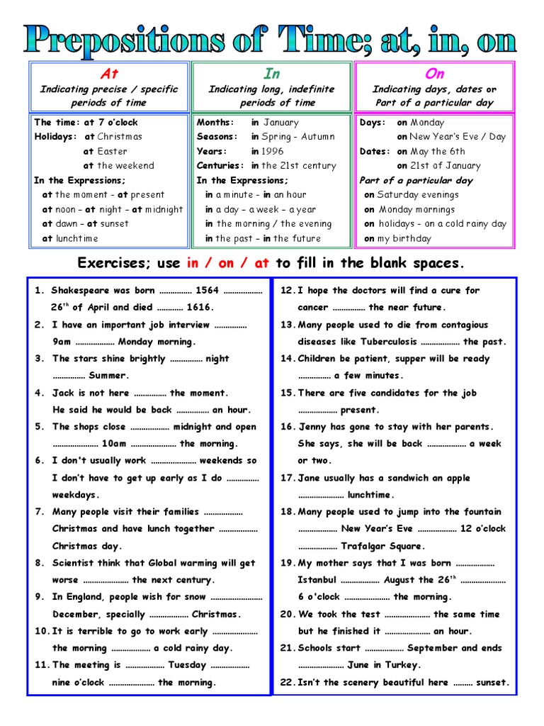 Time Prepositions Practice | PDF | Language Arts & Discipline