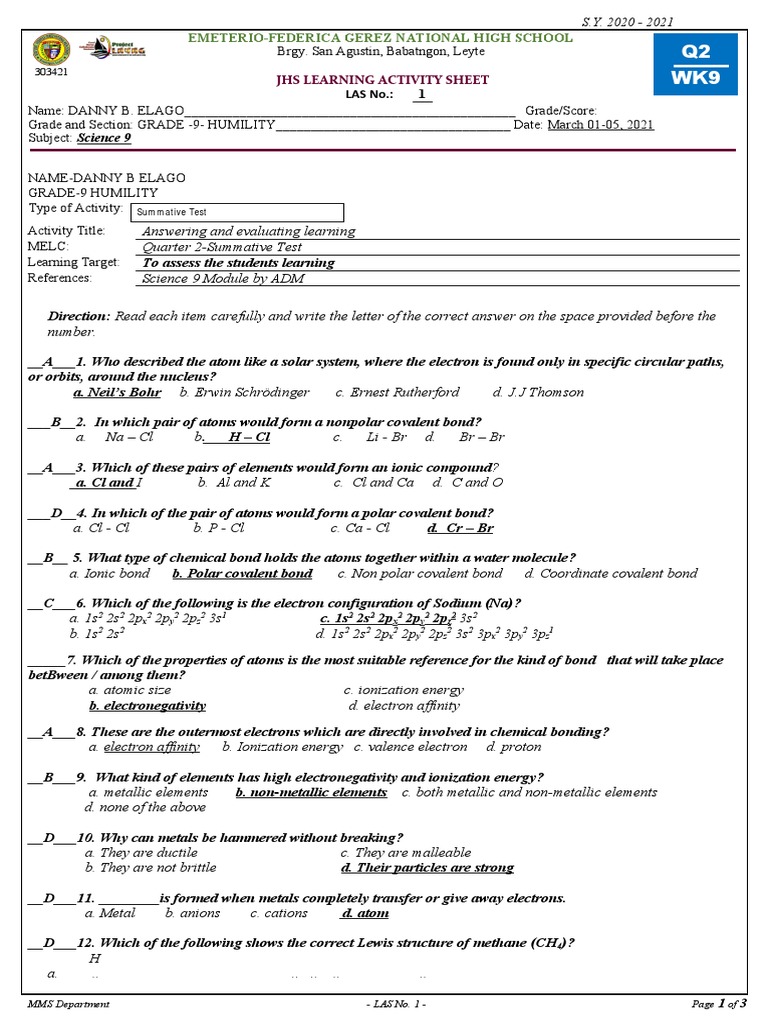 Summative Test Answers on Atoms, Elements, and Chemical Bonds | PDF ...