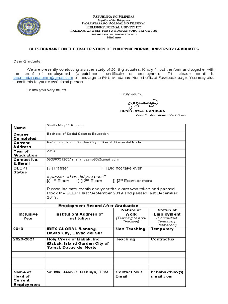 ROZANO 2019-Graduate-Tracer-Form | PDF | Labour | Further Education