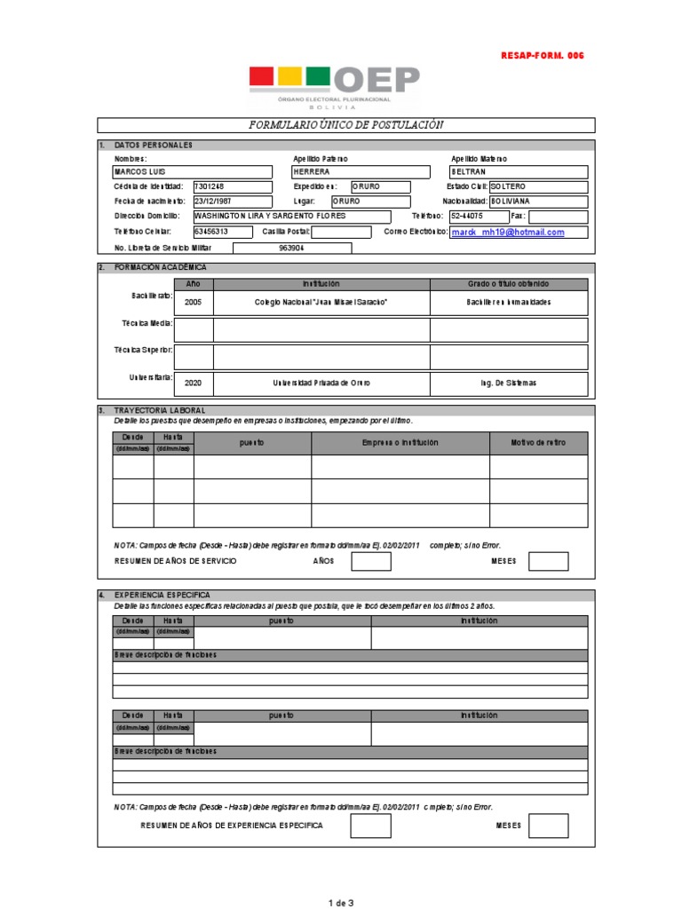 20.3.FORM - 006 FORMULARIO ÚNICO DE POSTULACIÓN Y DECLARACIÓN JURADA DE ...