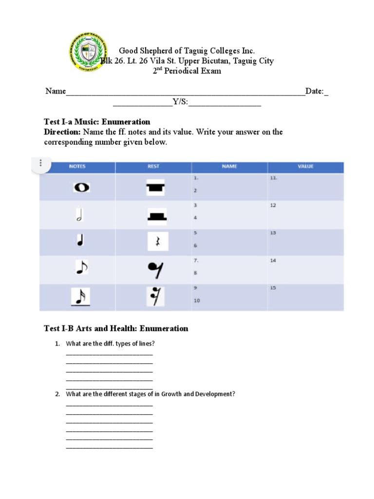 Test I-A Music: Enumeration Direction: Name The Ff. Notes and Its Value ...