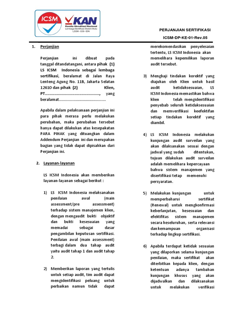 Perjanjian Sertifikasi ICSM | PDF | Pengelolaan Keuangan & Uang