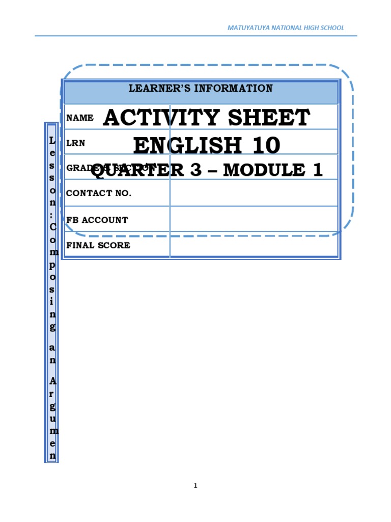 Answer Sheet - English 10 Q3 - W1 | PDF