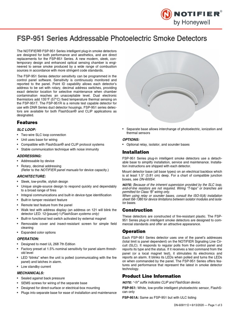 Addressable Photoelectric Smoke Detectors: FSP-951 Series | PDF ...