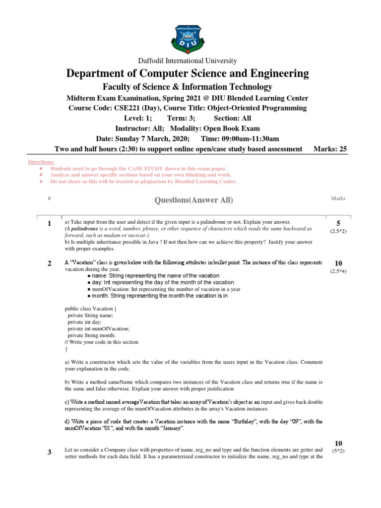 Cse221 Midterm Spring2021 Pdf Class Computer Programming Method Computer Programming