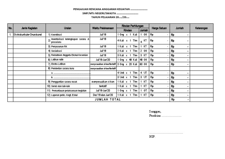 Contoh Tabel Penghitungan Anggaran Kegiatan Eskul | PDF