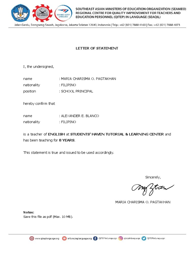 (For Teachers - Lecturers) Form Letter of Statement | PDF