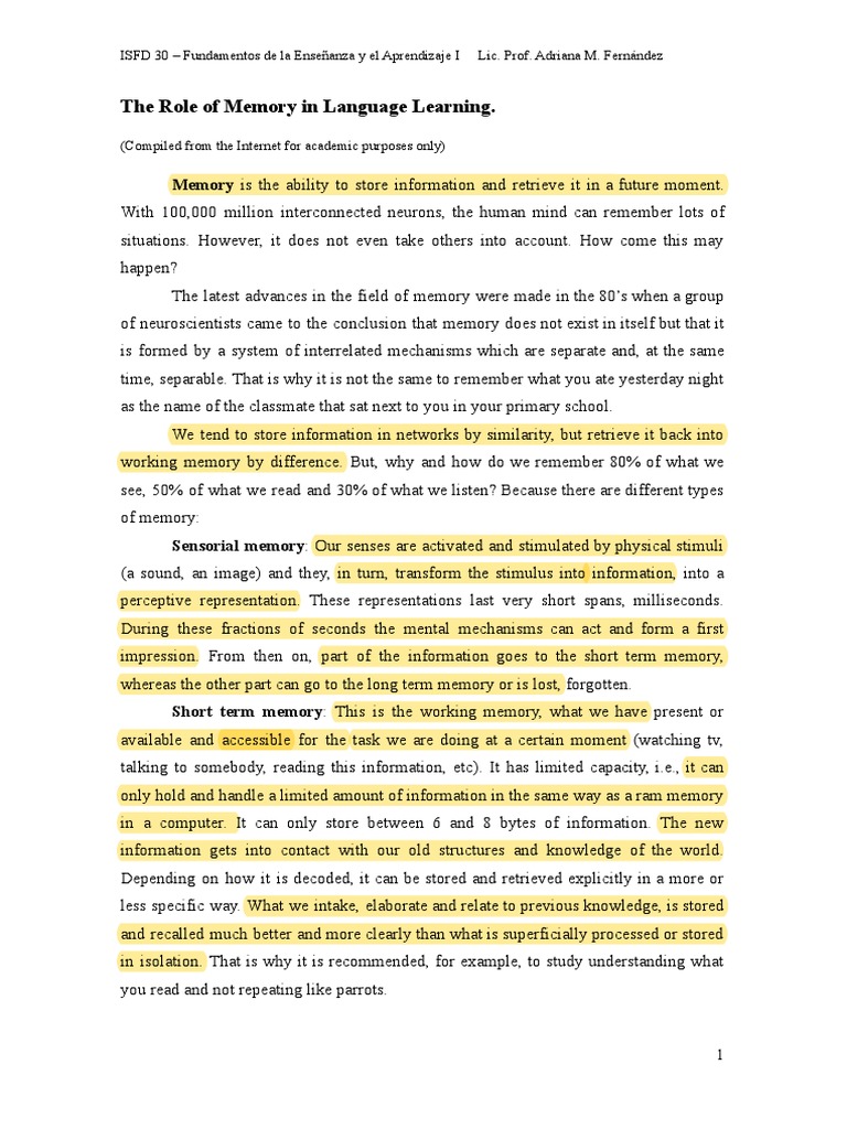The Role of Memory in Language Learning New | PDF | Memory | Working Memory