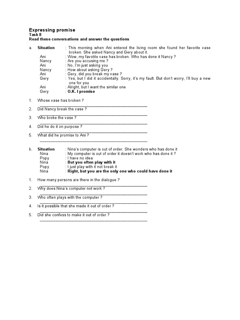 Expressing Promise Conversations Worksheet | PDF