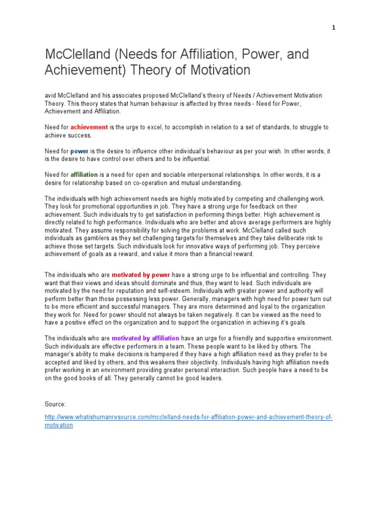 Mcclelland (Needs For Affiliation, Power, and Achievement) Theory of ...