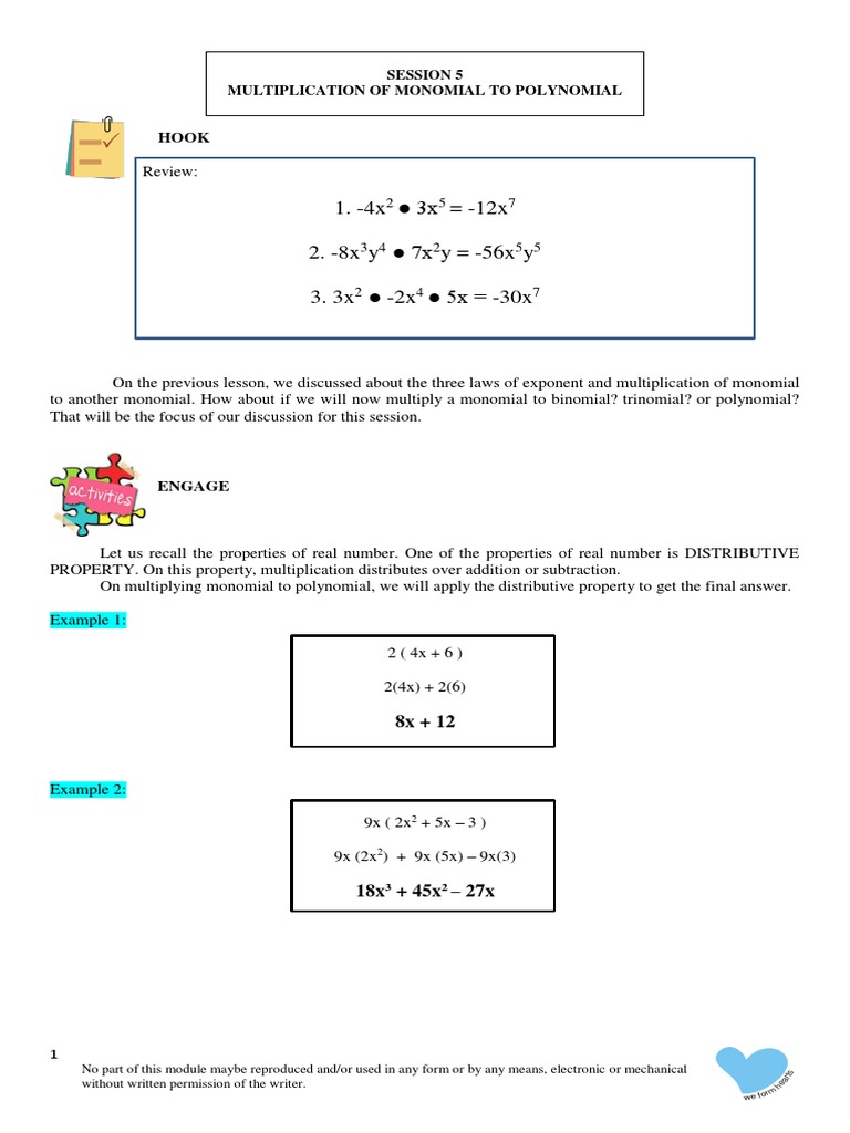 Multiplication of Monomial To Polynomial | PDF | Multiplication ...