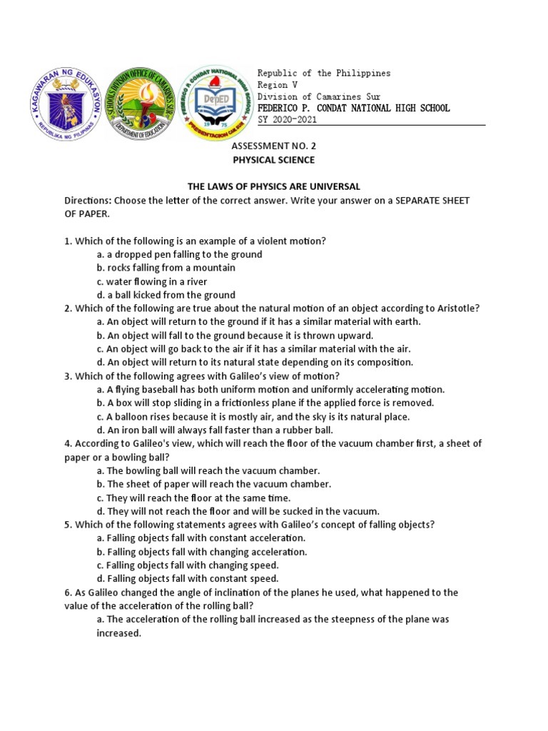 Assessment 2 Physical Science | PDF | Inertia | Acceleration