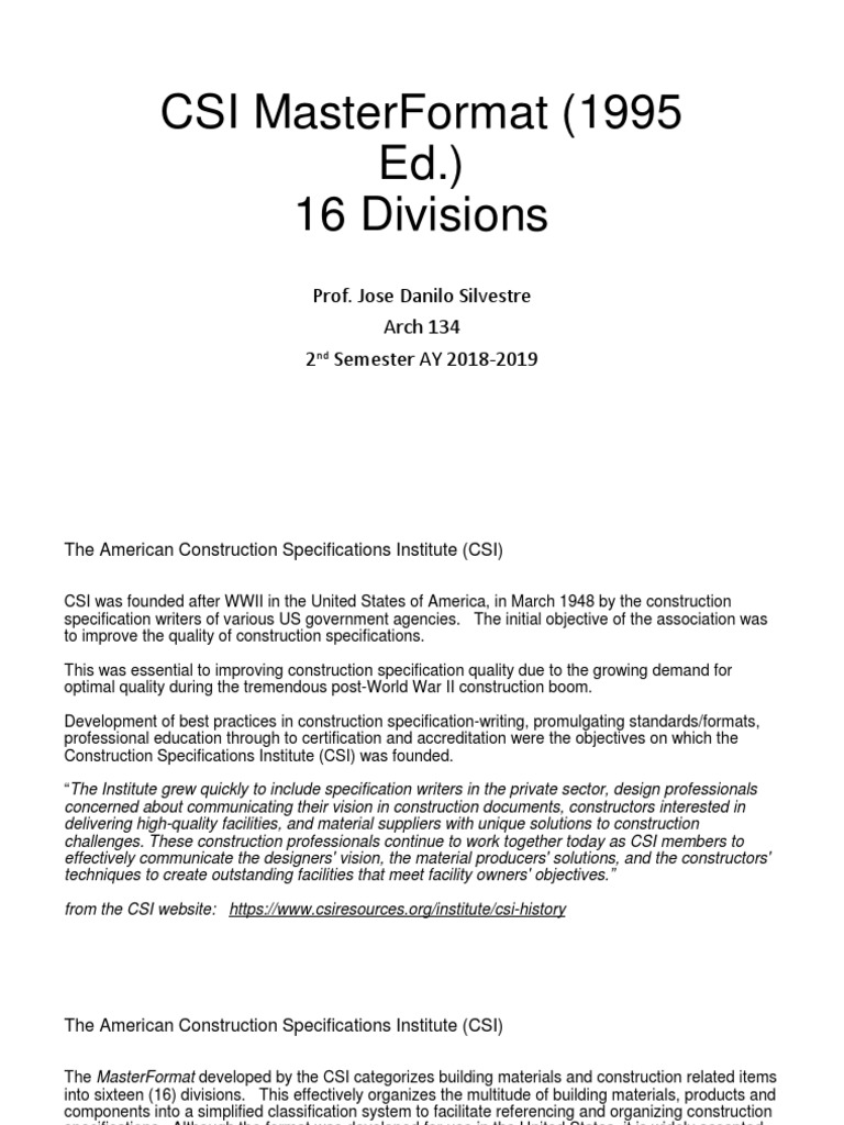 Csi Masterformat (1995 Ed.) 16 Divisions: Prof. Jose Danilo Silvestre ...