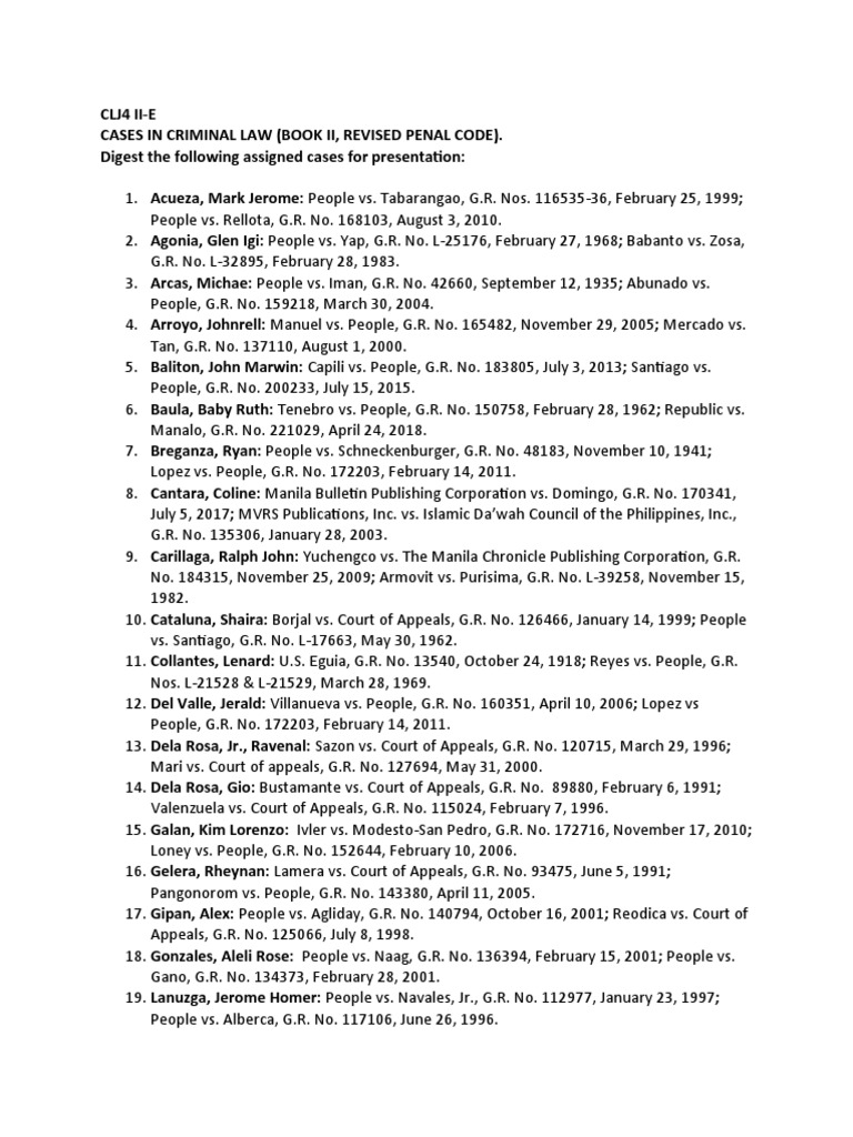 Clj4 Ii-E Cases in Criminal Law (Book Ii, Revised Penal Code) - Digest ...