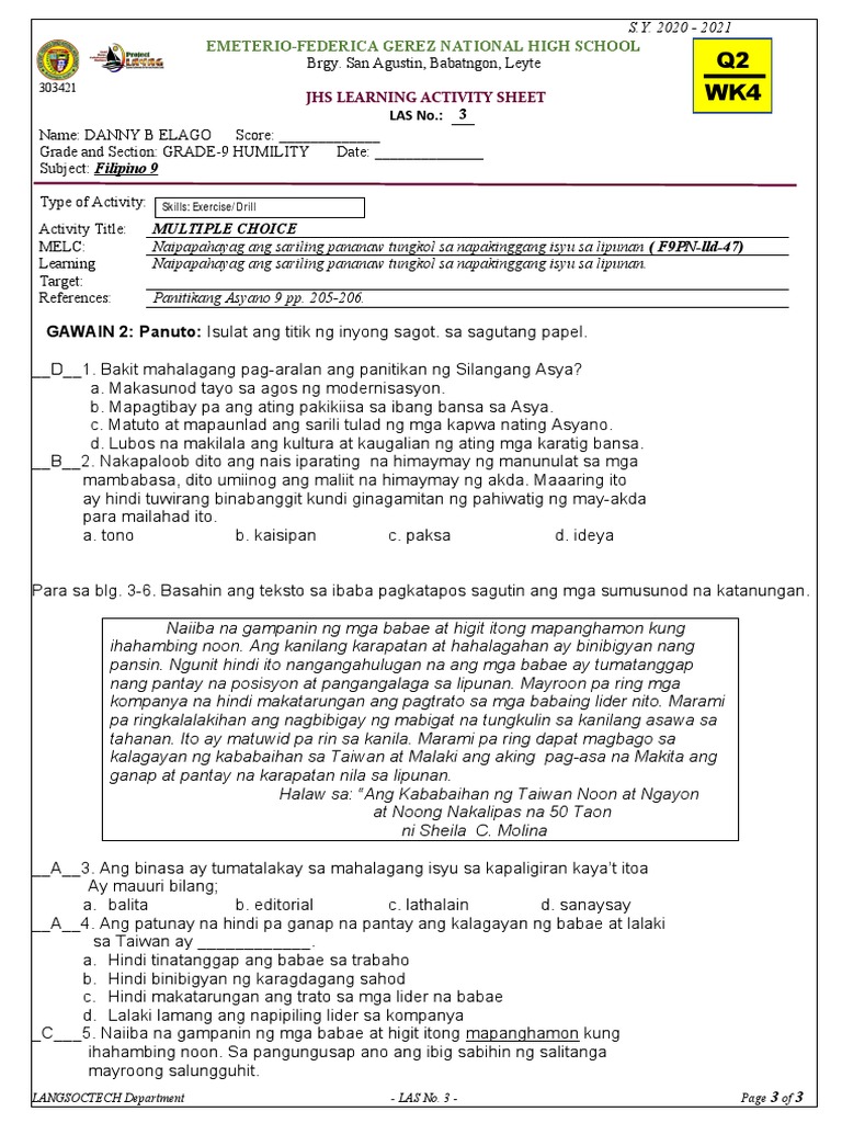Filipino 9 Q2 Las 3 Week 4 | PDF
