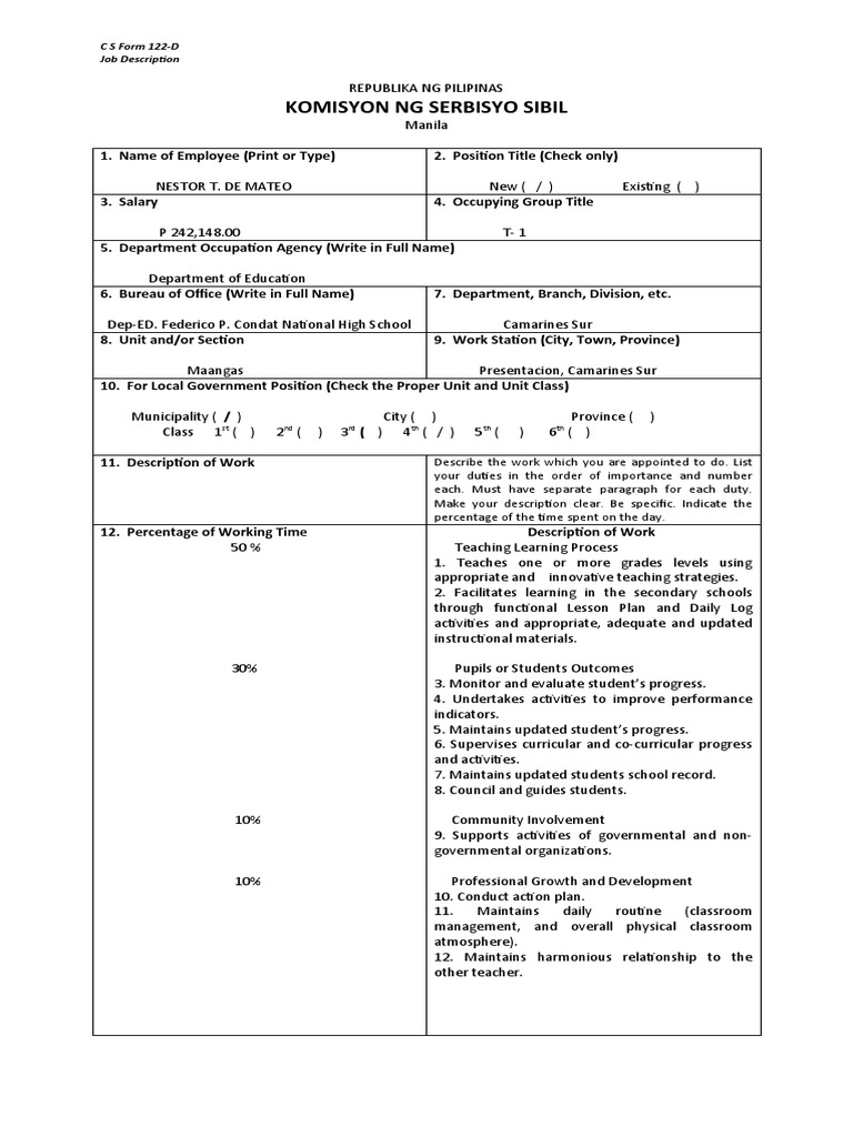 Komisyon NG Serbisyo Sibil: C S Form 122-D Job Description | PDF ...