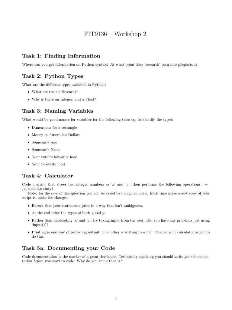 FIT9136 - Workshop 2.: Task 1: Finding Information | PDF | Python (Programming Language) | Area
