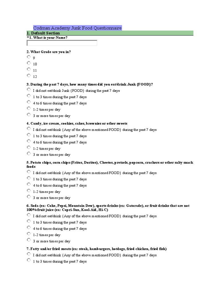 Codman Academy Junk Food Questionnaire | PDF | Junk Food | Eating