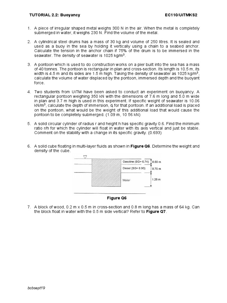 ECW 231 Tutorial and Answers Buoyancy Sept19 | PDF | Buoyancy | Volume