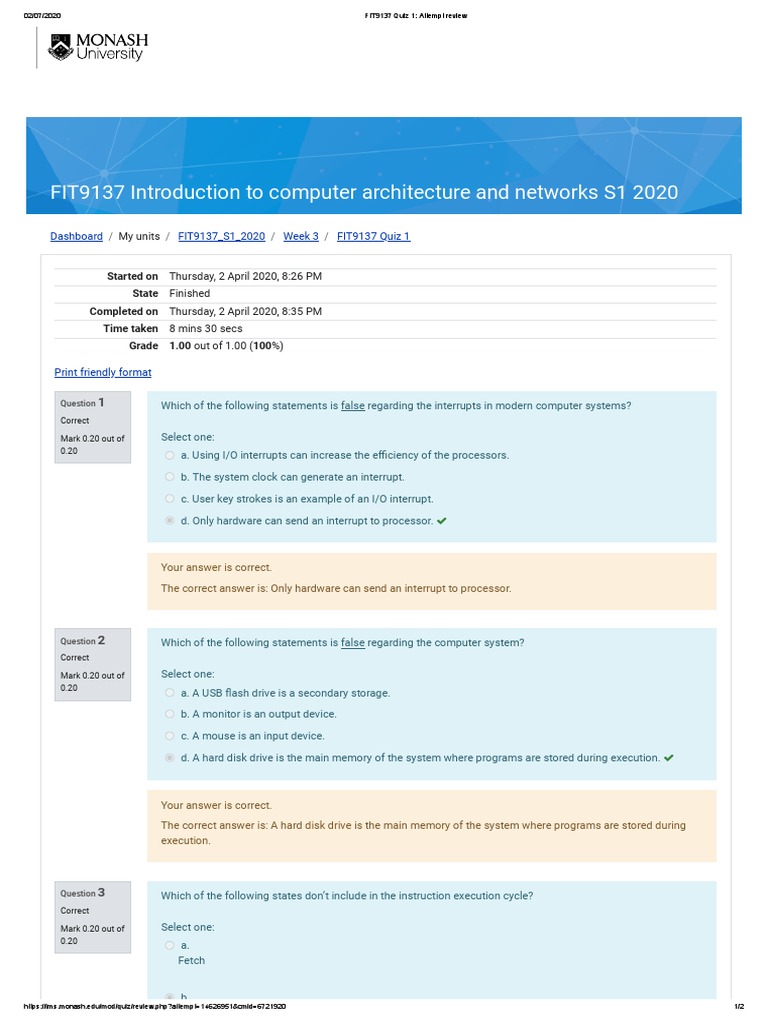 FIT9137 Quiz 1 - Attempt Review | PDF | Operating System | Input/Output