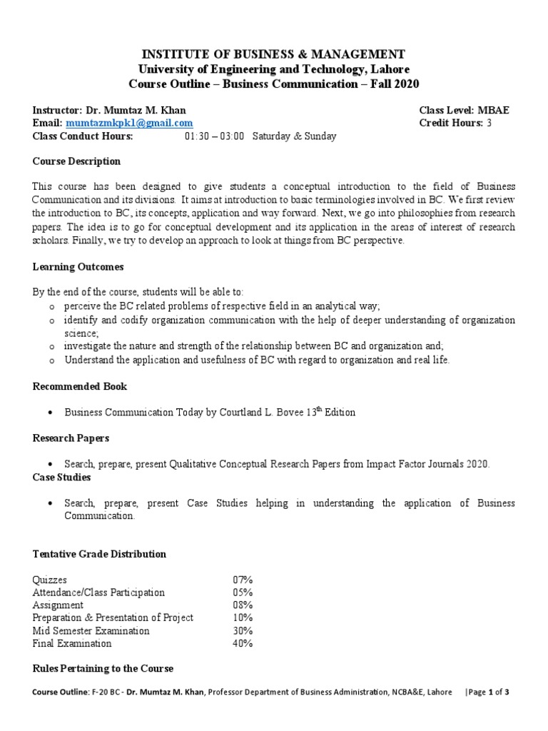 F20 BC Course Outline Mumtaz | PDF | Sat | Case Study