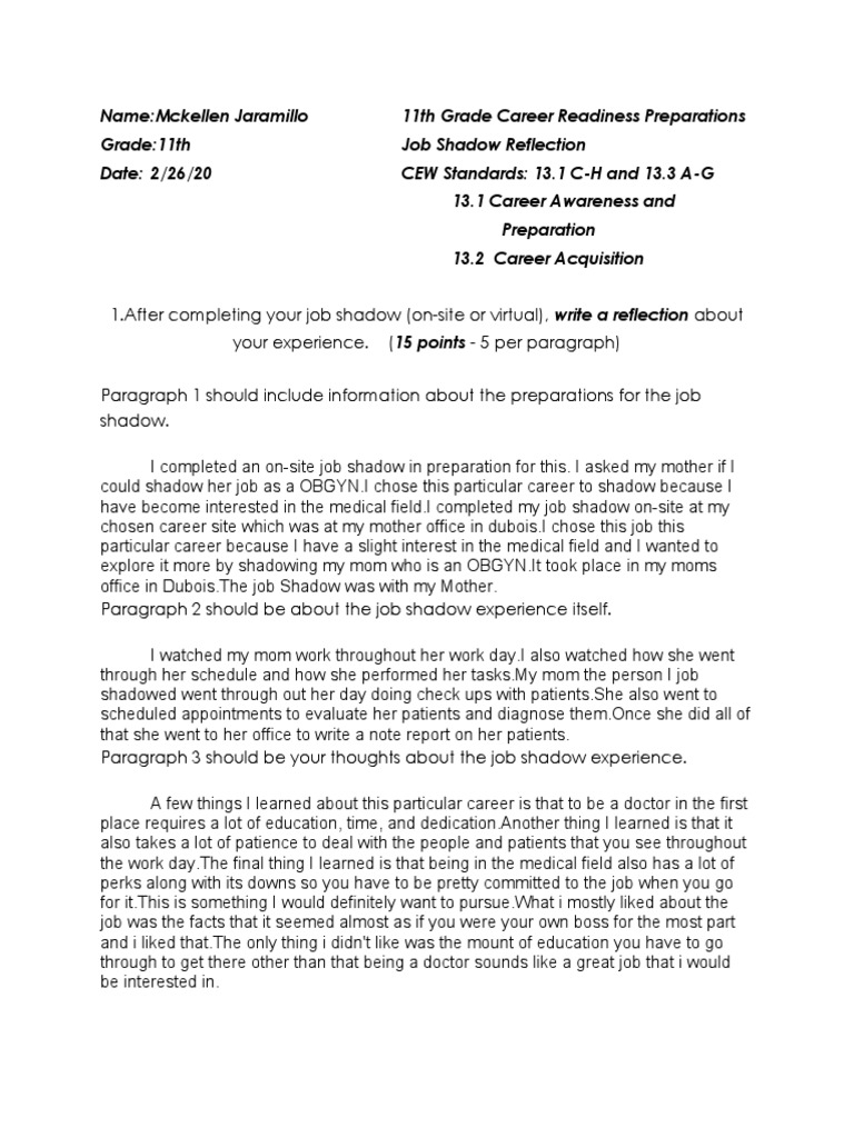 11th Grade Job Shadow Reflection | PDF | Human Nature | Cognition