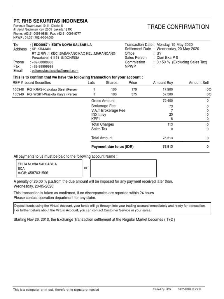 Trade Confirmation: Pt. RHB Sekuritas Indonesia | PDF | Taxes ...