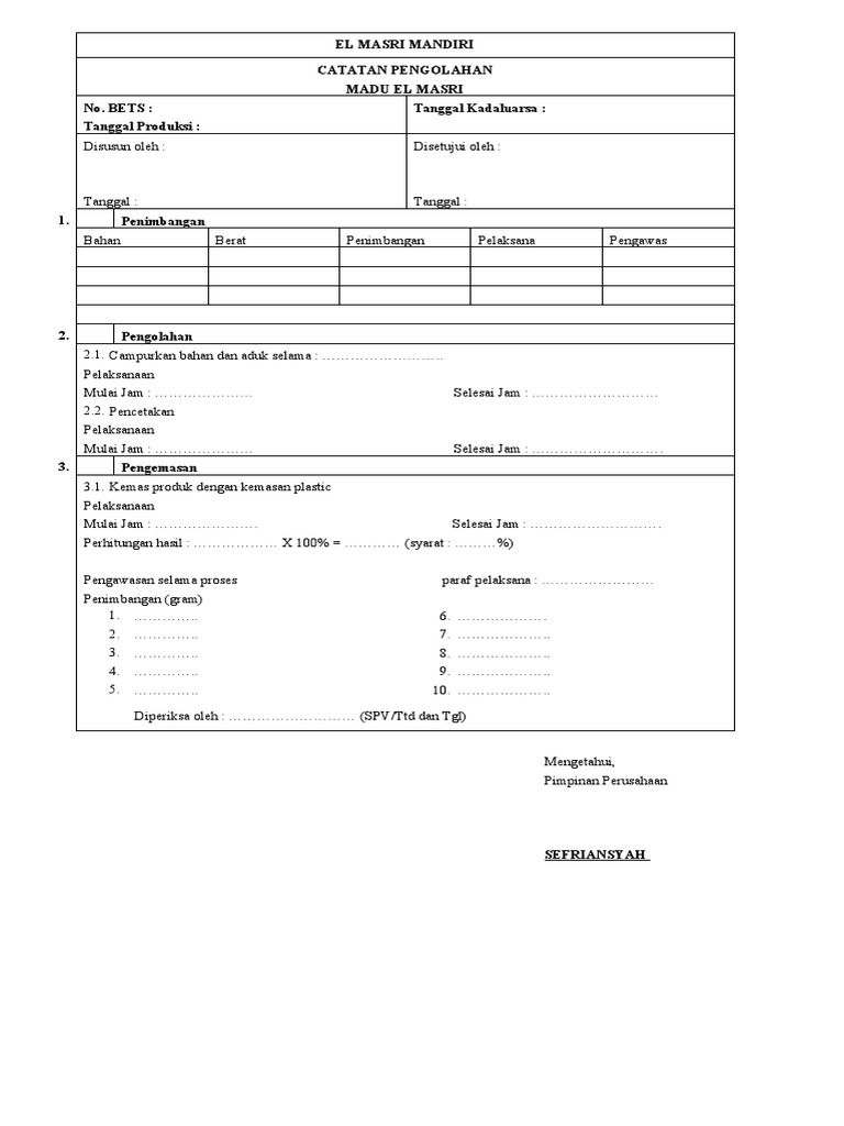 Form Catatan Produksi | PDF