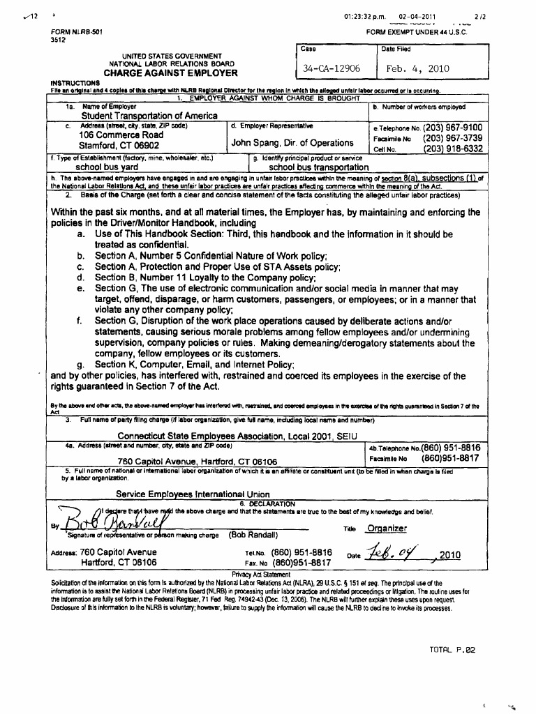 NLRB Charge Student Transp. Am. (Filed Feb. 4, 2011) | PDF | Unfair ...