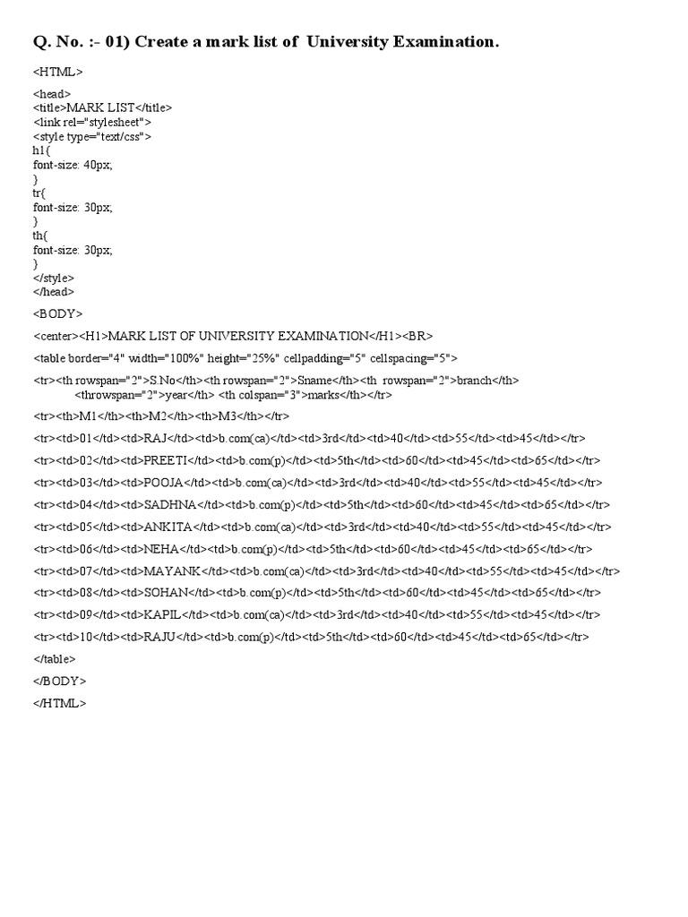 Q. No.:-01) Create A Mark List of University Examination | Download ...