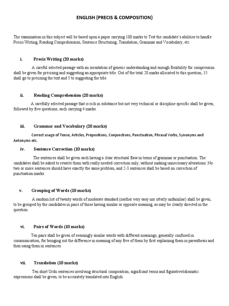 English (Precis & Composition) : I. Precis Writing (20 Marks) | PDF ...
