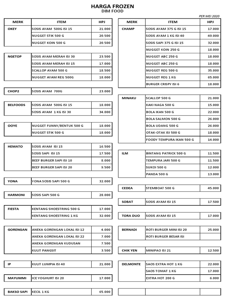 Harga Frozen Food | PDF | Memasak, Makanan, & Anggur