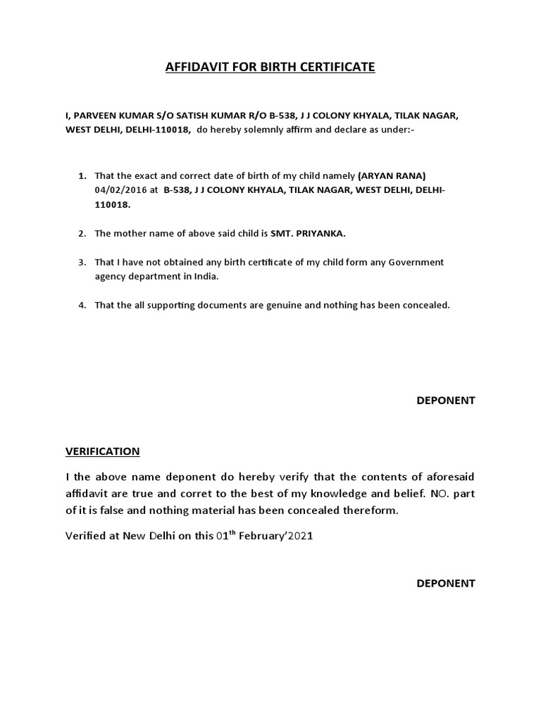 Affidavit For Birth Certificate Parveen Kumar 01-02-21 | PDF