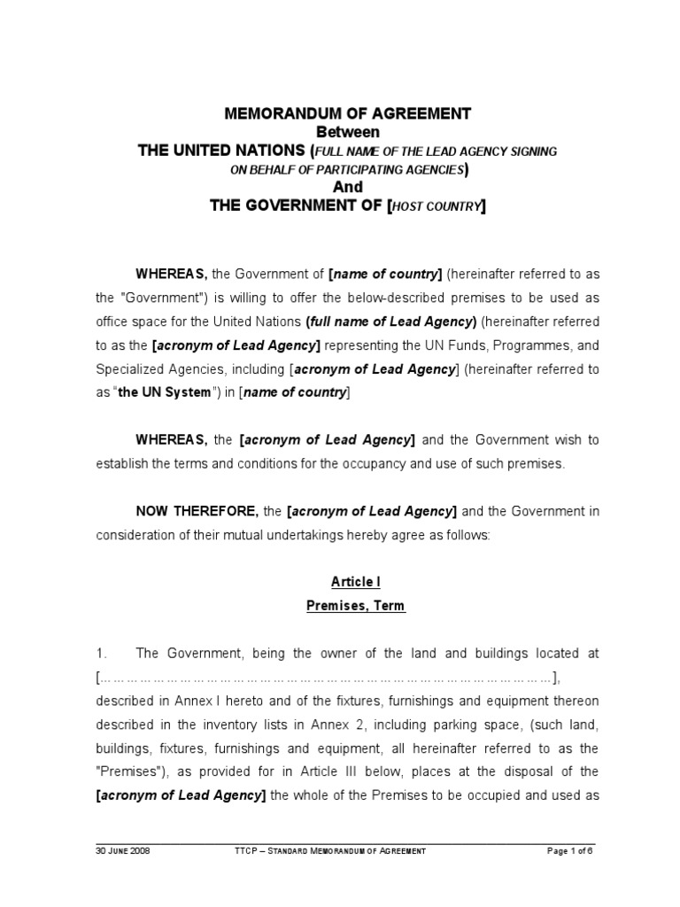 Memorandum of Agreement Between The United Nations and The Government ...