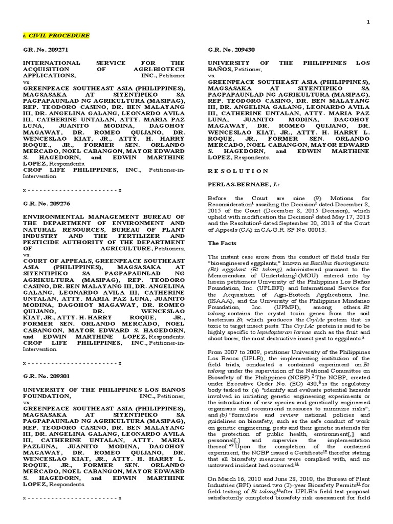 I. Civil Procedure: (BT) Eggplant (BT Talong), Administered Pursuant To ...