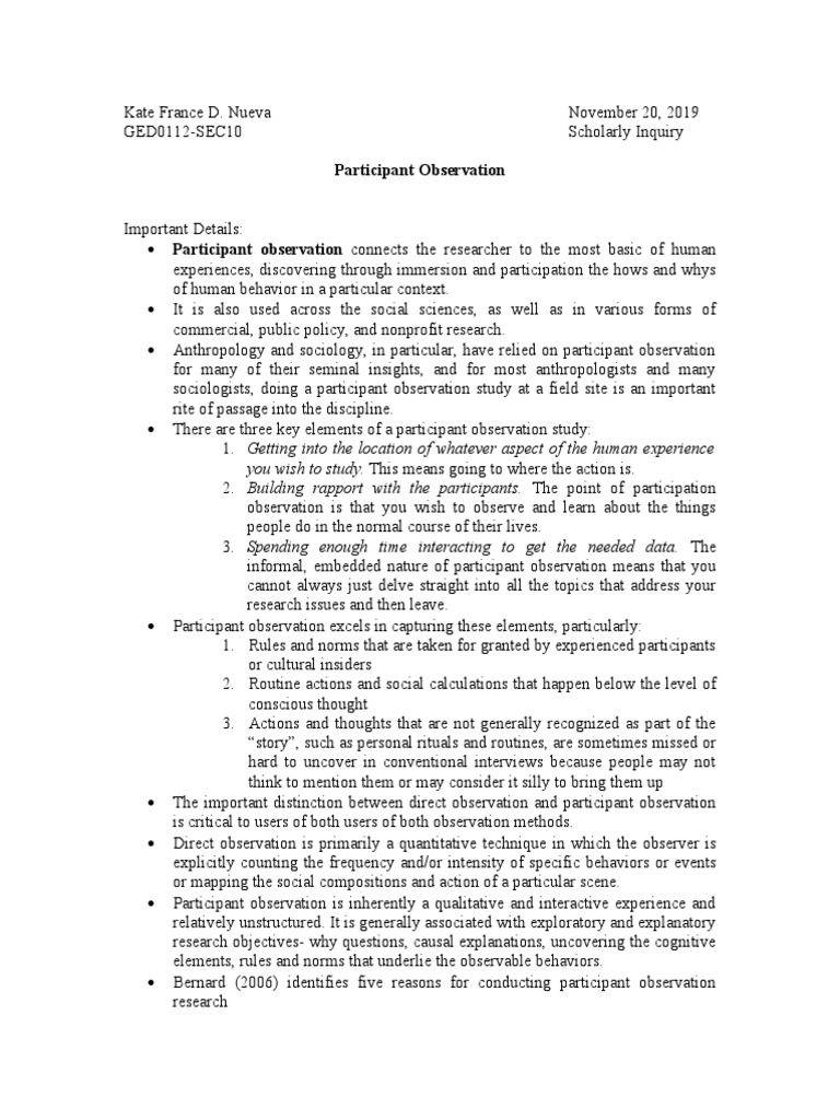 Participant Observation | PDF | Observation | Anthropology
