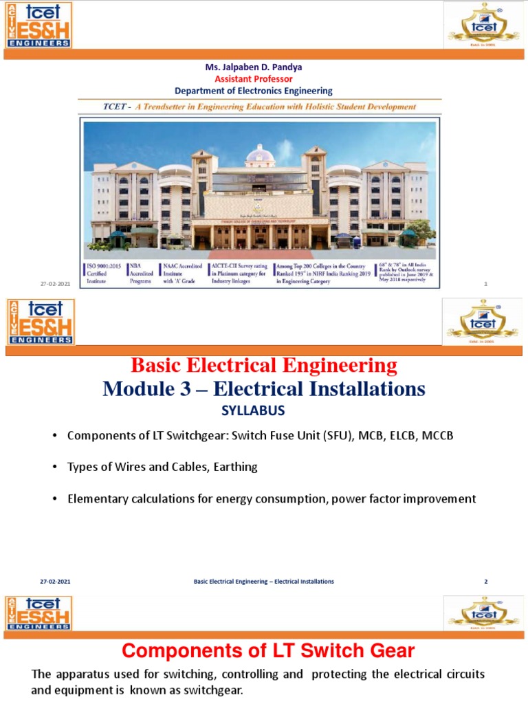 BEE Module 3 - Electrical Installations FE SEM-I 2020-21 | Download ...