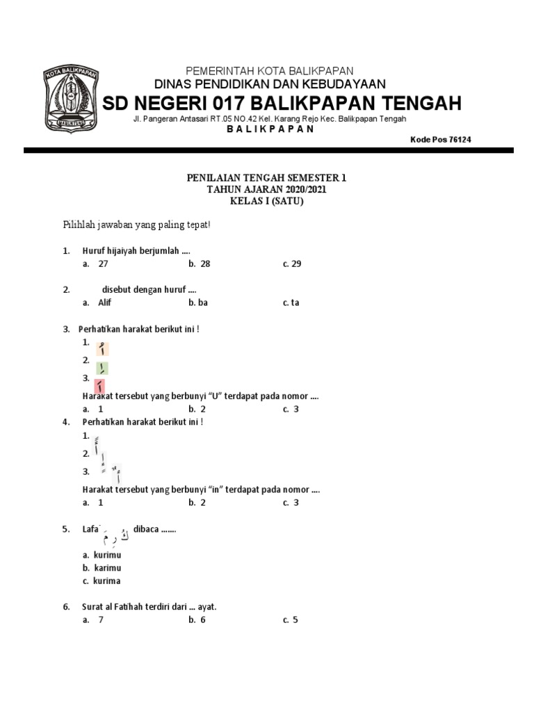 Soal PTS Ganjil Kelas 1 | PDF