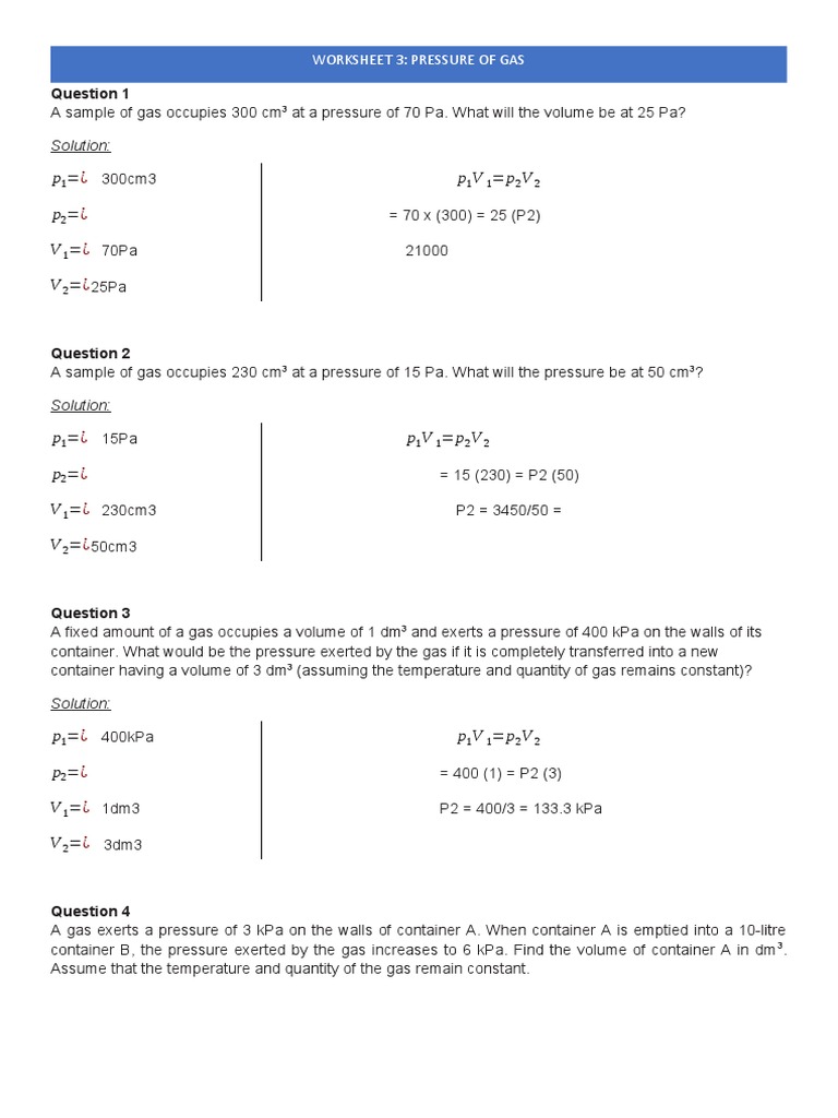 Worksheet 3 - Pressure of Gas | PDF | Balloon | Gases