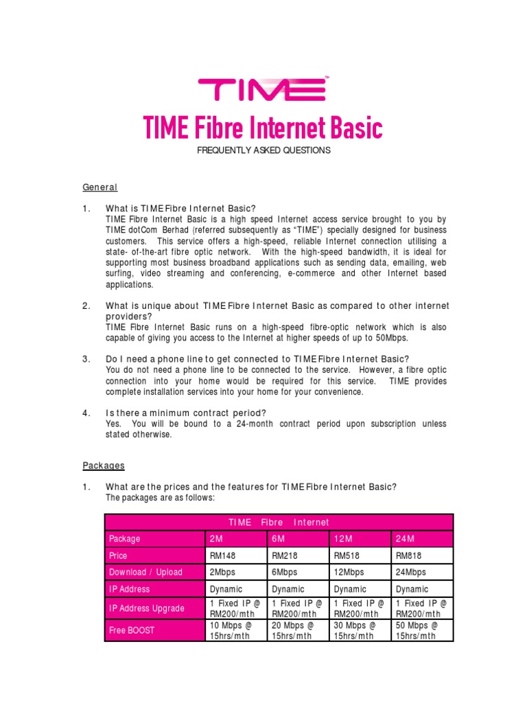 TIME Fibre Internet Basic - FAQ | PDF | Internet Access | Fiber Optic ...