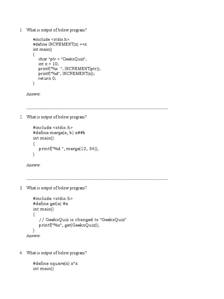 #Include #Define Increment (X) ++X Int Main (Char PTR "Geeksquiz" Int X 10 Printf ("%S ...