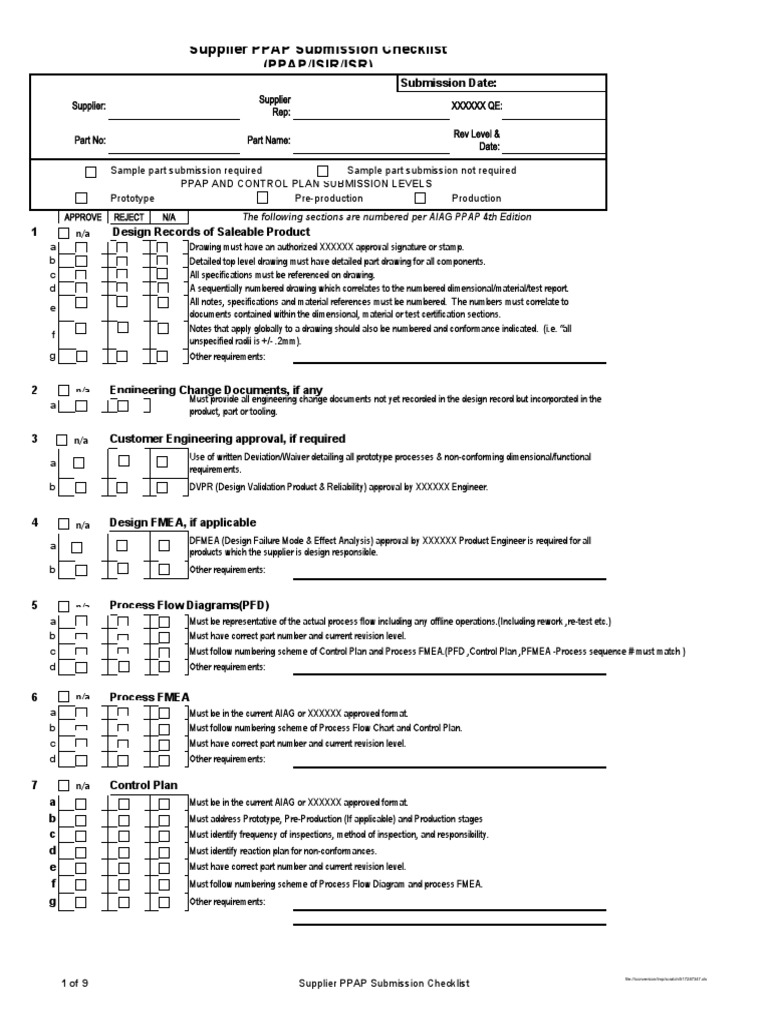 PPAP Checklist Generic | PDF | Specification (Technical Standard) | Reliability Engineering