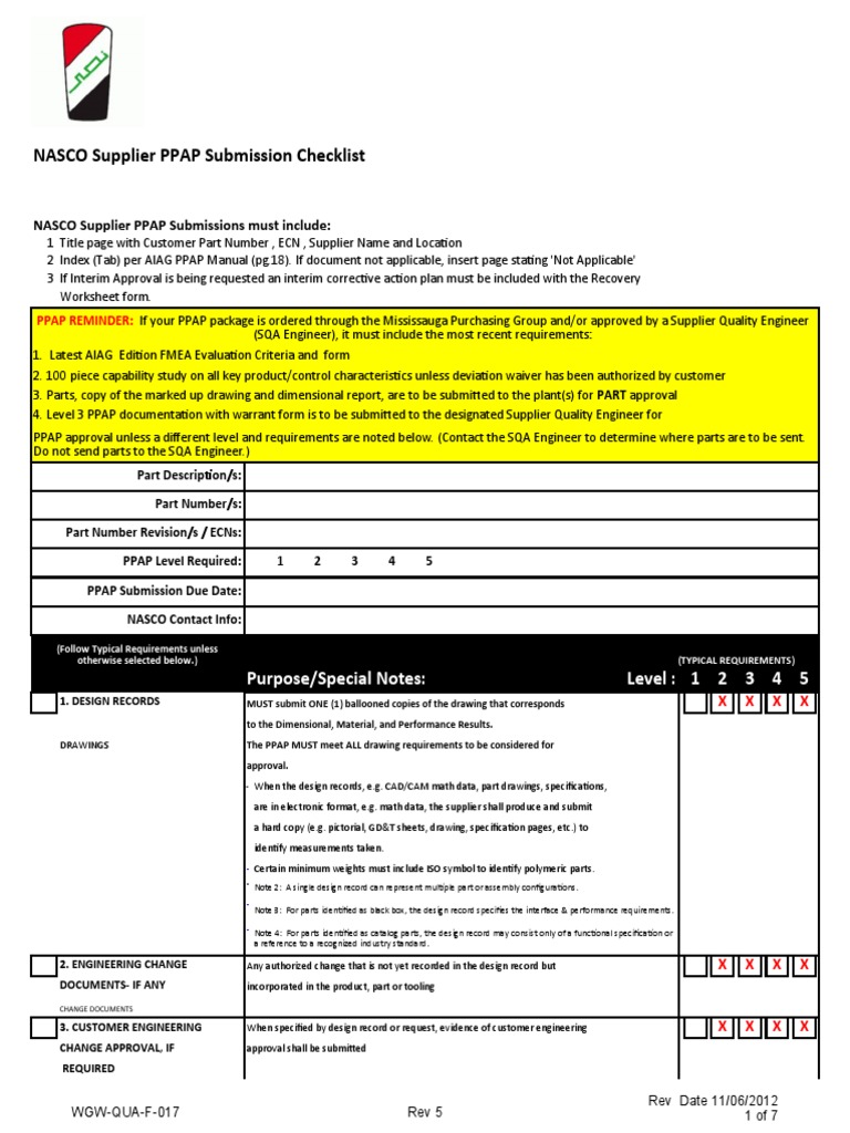 Supplier PPAP Checklist November 2012 | PDF | Specification (Technical Standard) | Business