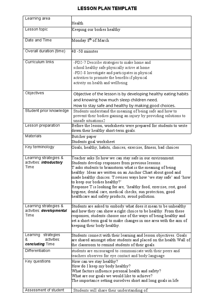 LESSON PLAN Health Lesson Plan | PDF | Lesson Plan | Teachers