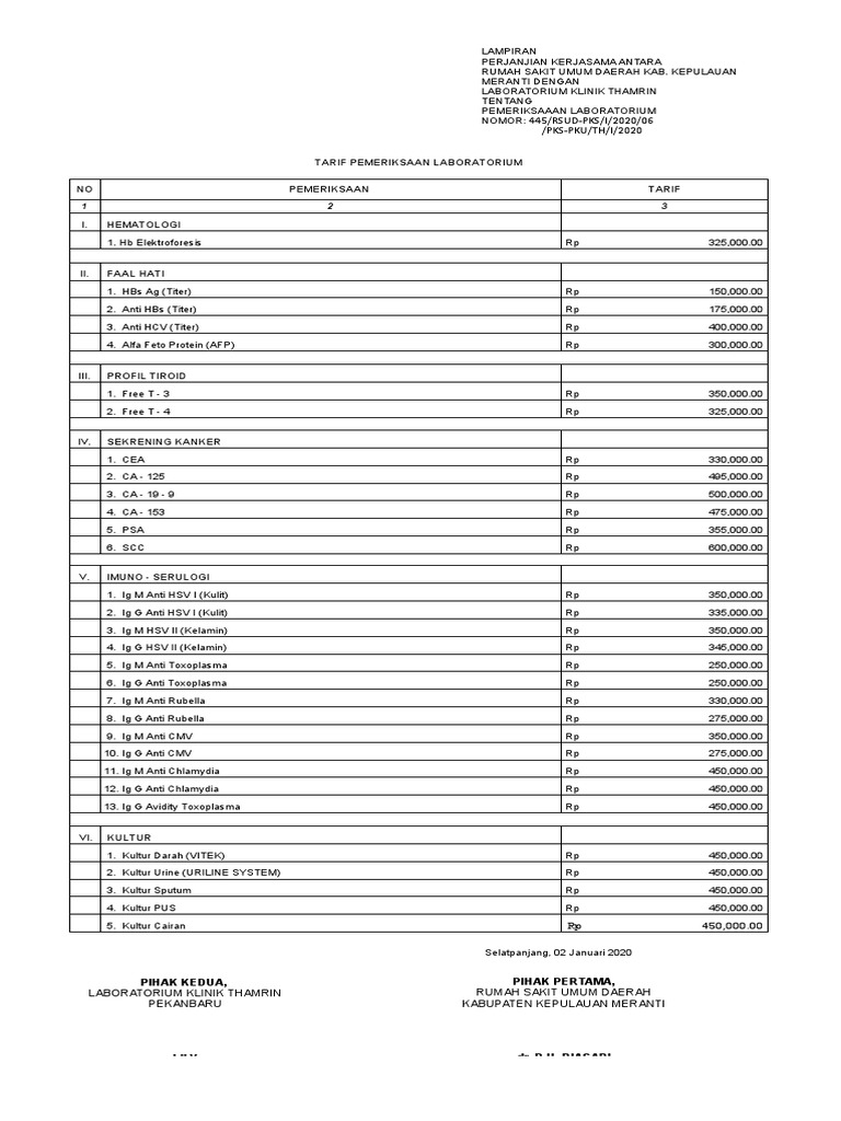 Tarif Lab. Klinik Thamrin | PDF