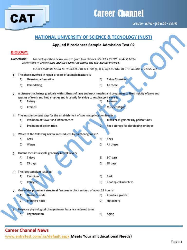 NUST Biotechnology Admission Test Sample | PDF | Gene | Chemical Bond