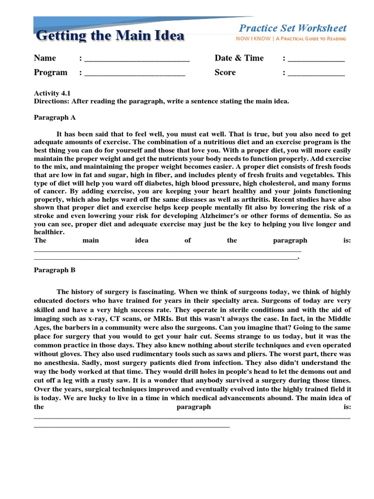 Main Idea Practice Worksheet | PDF | Surgery | Diet (Nutrition)